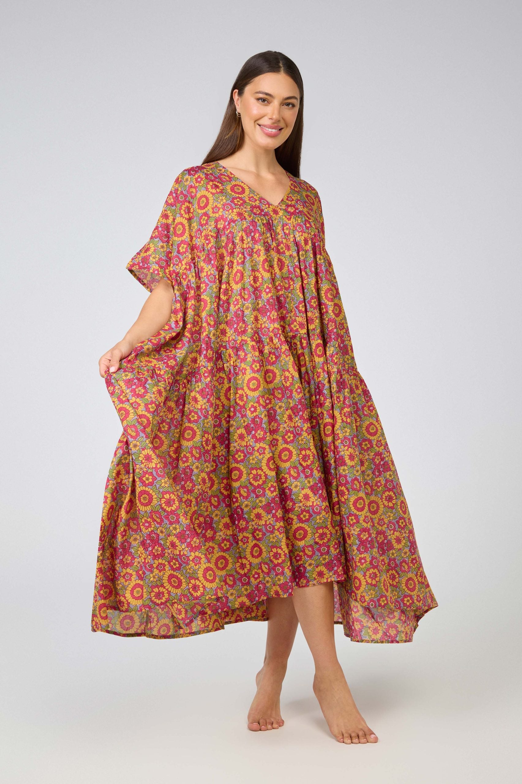 Hand Block Printed one size nightie/dress - yellow/red flower