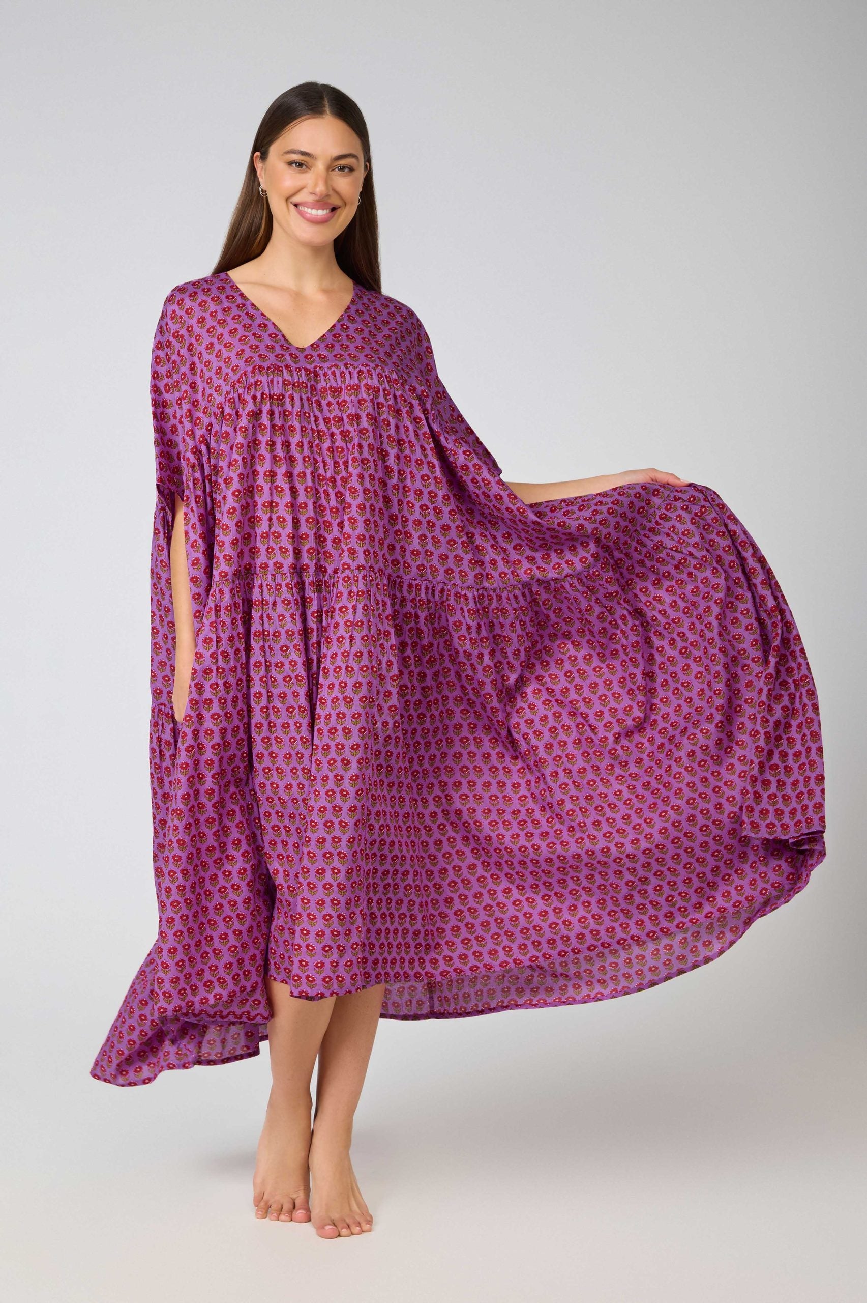 Hand Block Printed one size nightie/dress - purple/red flower
