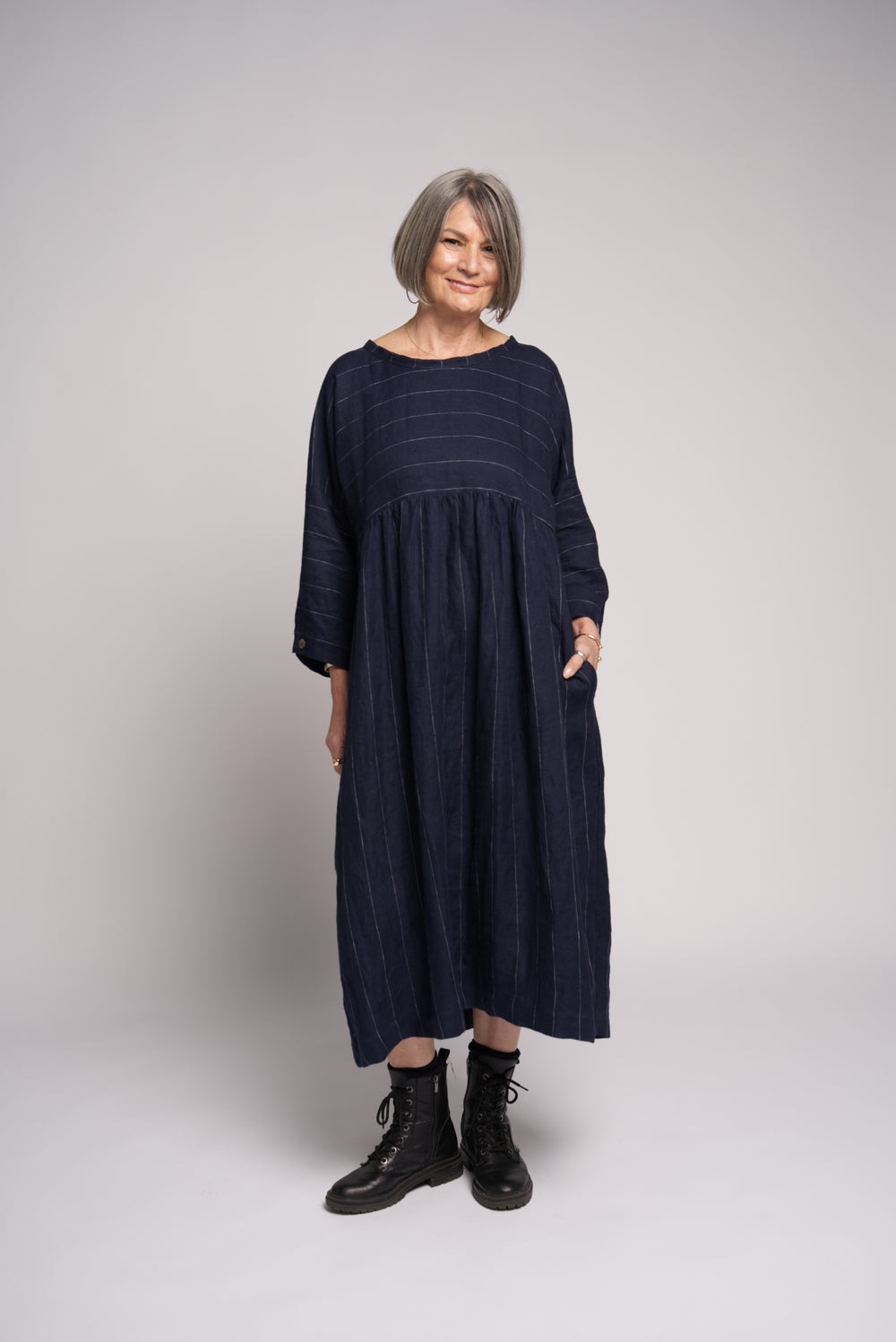 Bess Dress - Navy Stripe; longer linen twill dress made in Australia by ...