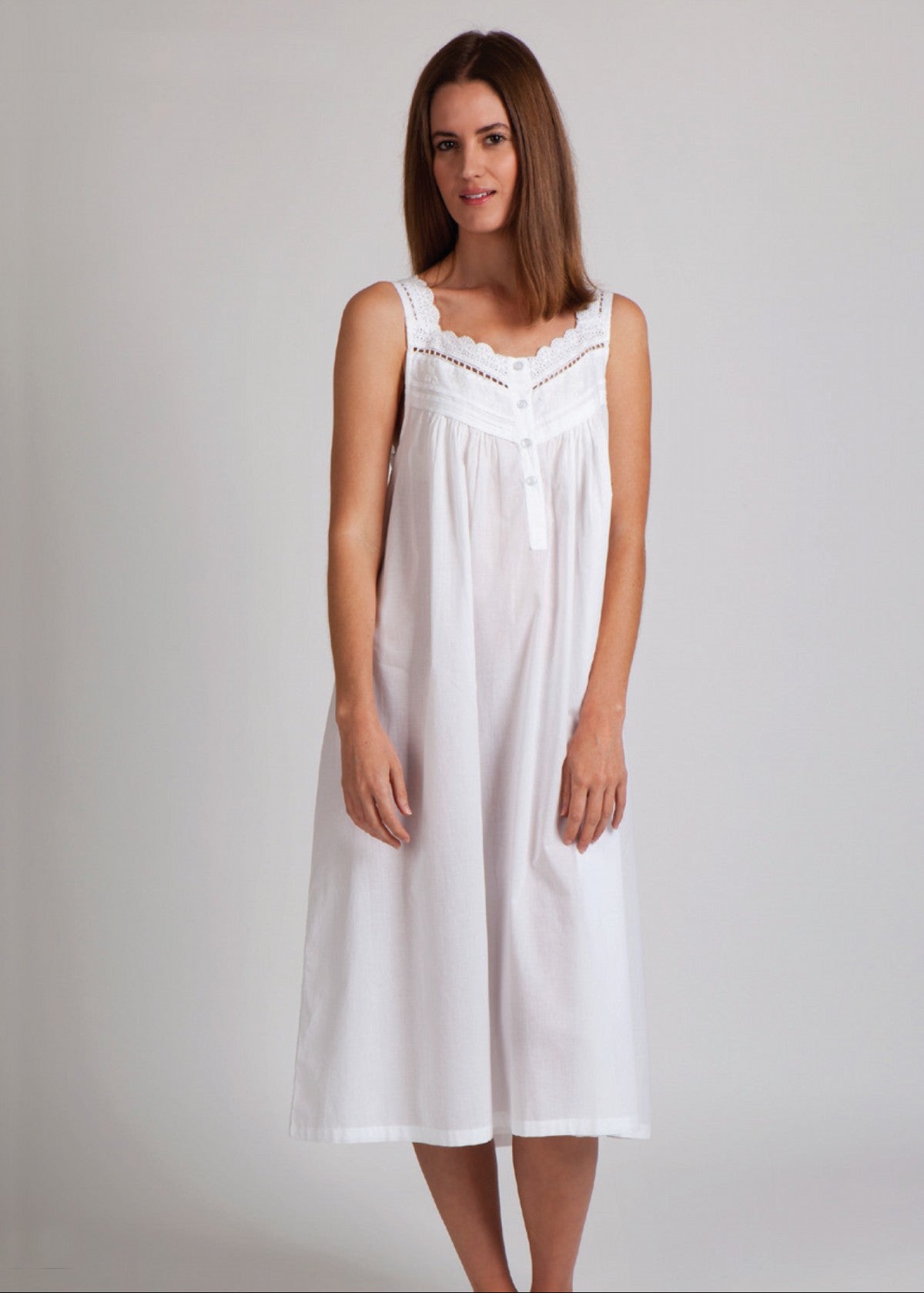 White cotton nightie front button with lace; sleeveless white nightie ...
